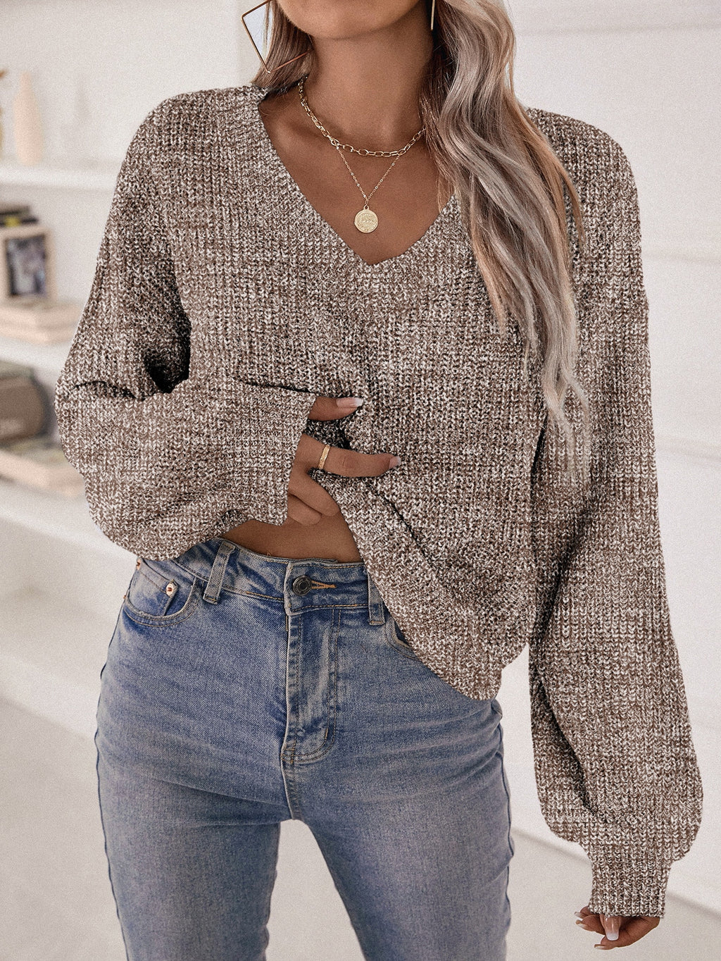 V Neck Sweater with Drop Shoulder | Pomona and Peach